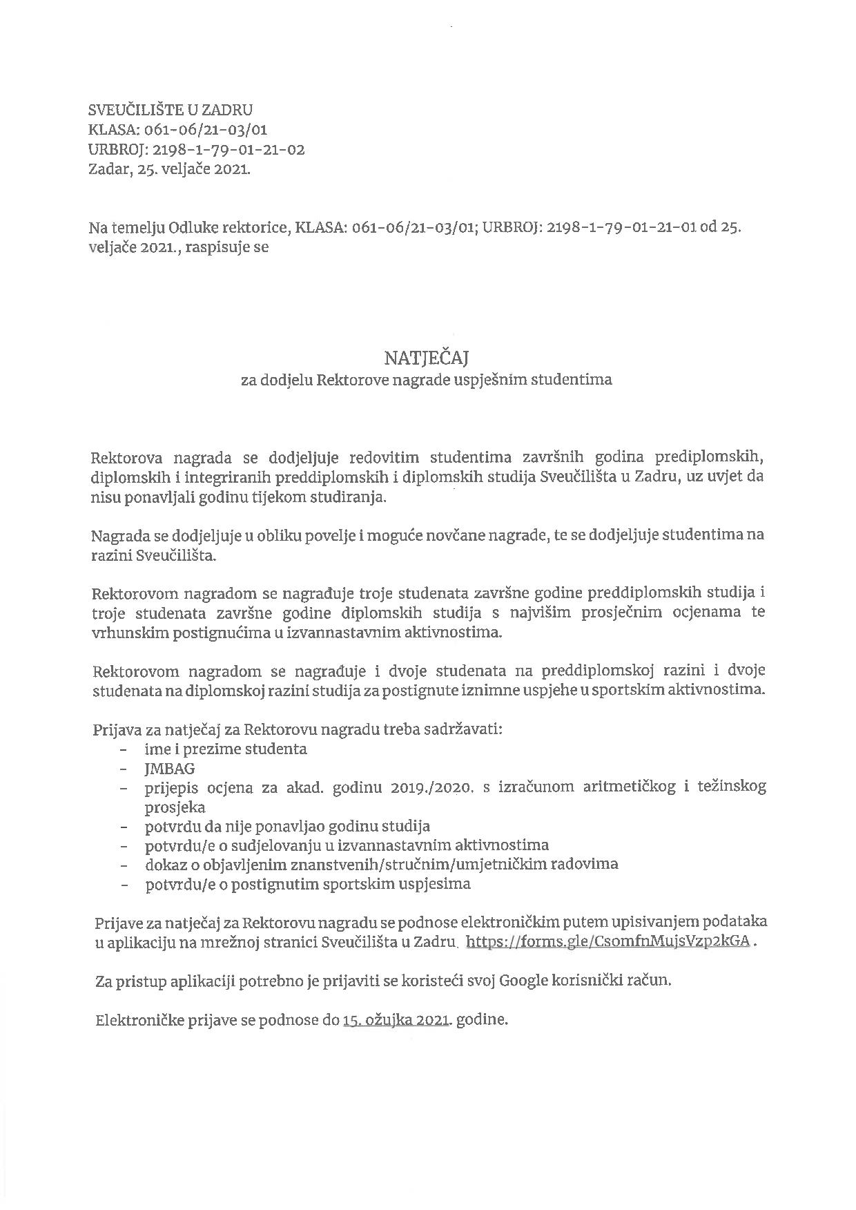 SVEUČILIŠTE U ZADRU: Objavljen Natječaj za dodjelu Rektorove nagrade ...